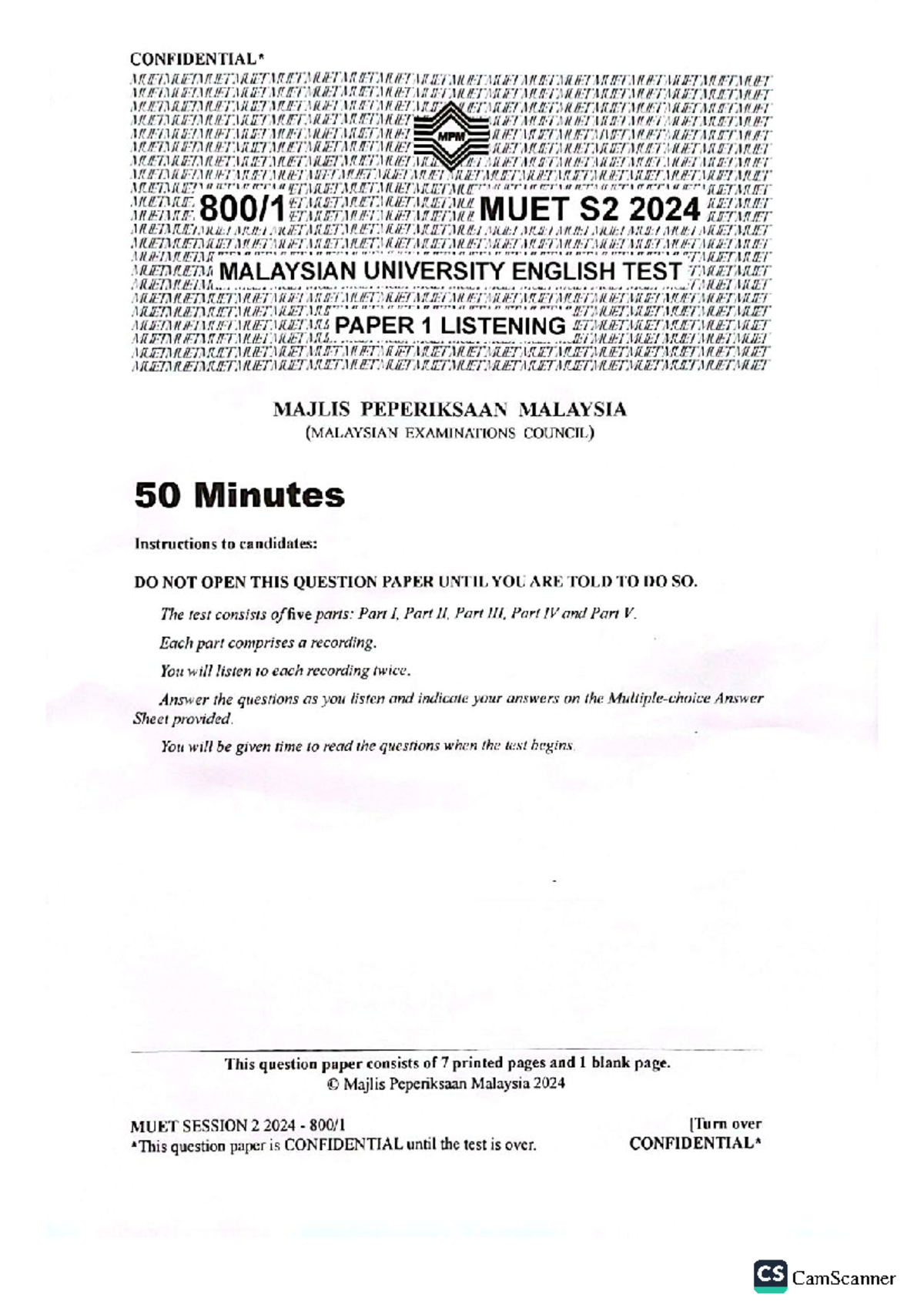 MUET Listening Paper 1 - S2 2024 Examination Guide - Studocu