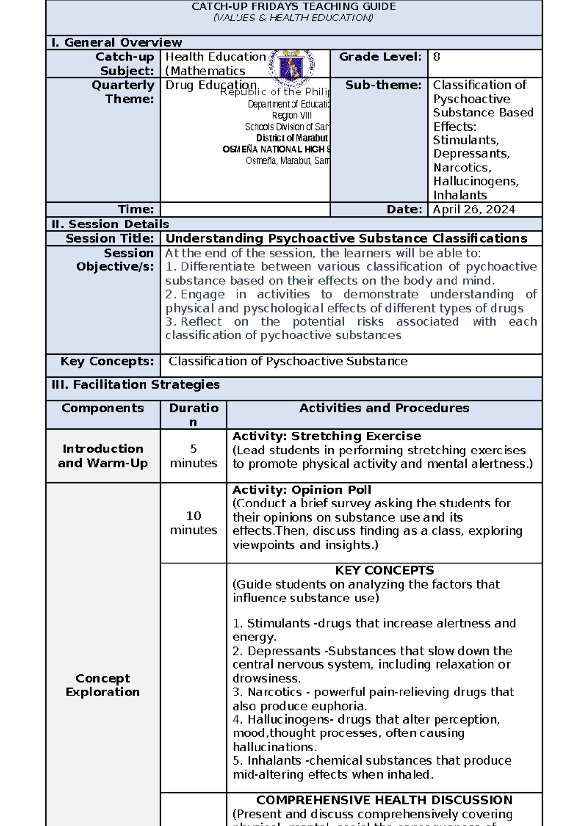 Health Education Lesson Plan: Understanding Psychoactive Substances ...