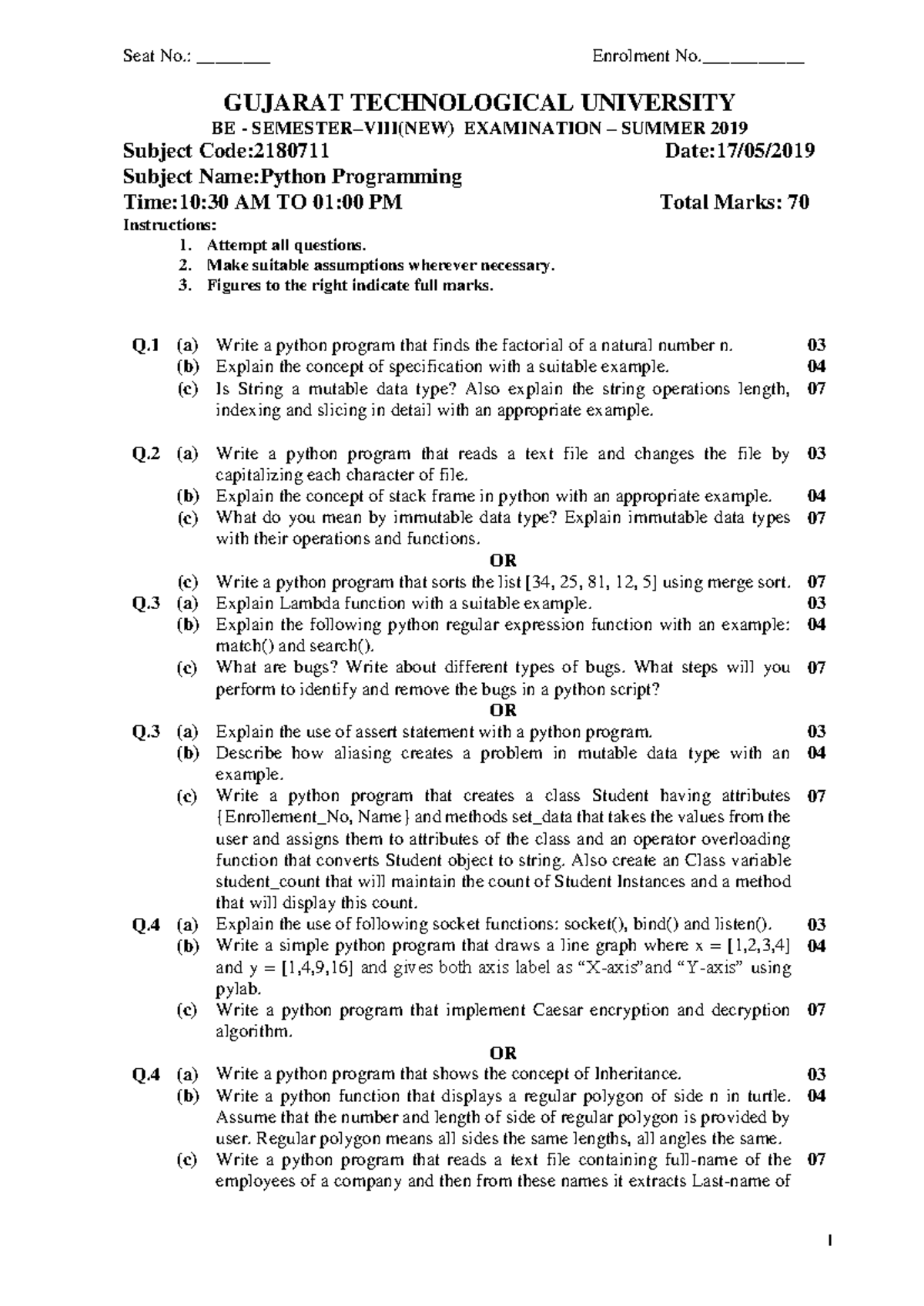 Python Programming QP - BE Semester VIII (Summer 2019) - G.T.U. - Studocu