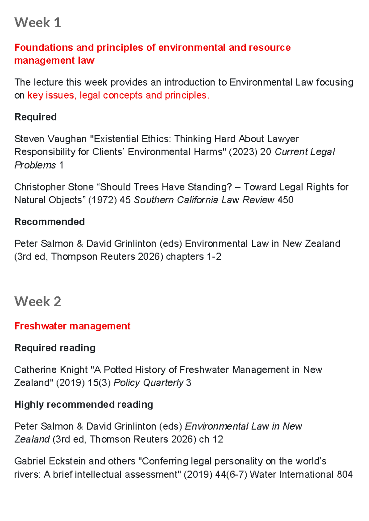 ENVR 101: Weeks 1-4 Required Readings on Environmental Law Principles ...