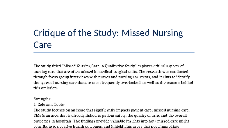 Critique of Nursing Care Study: Missed Care Insights and Implications ...