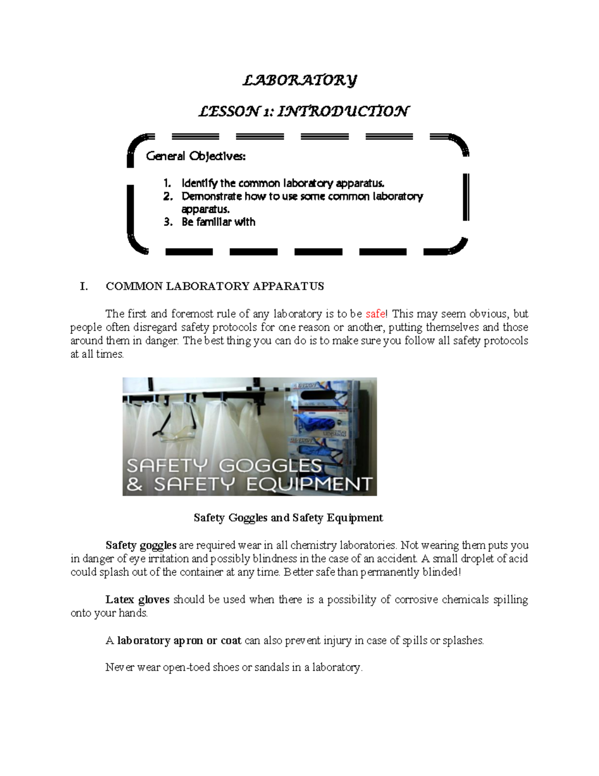 LAB 1: Intro to Common Laboratory Apparatus & Safety Protocols - Studocu
