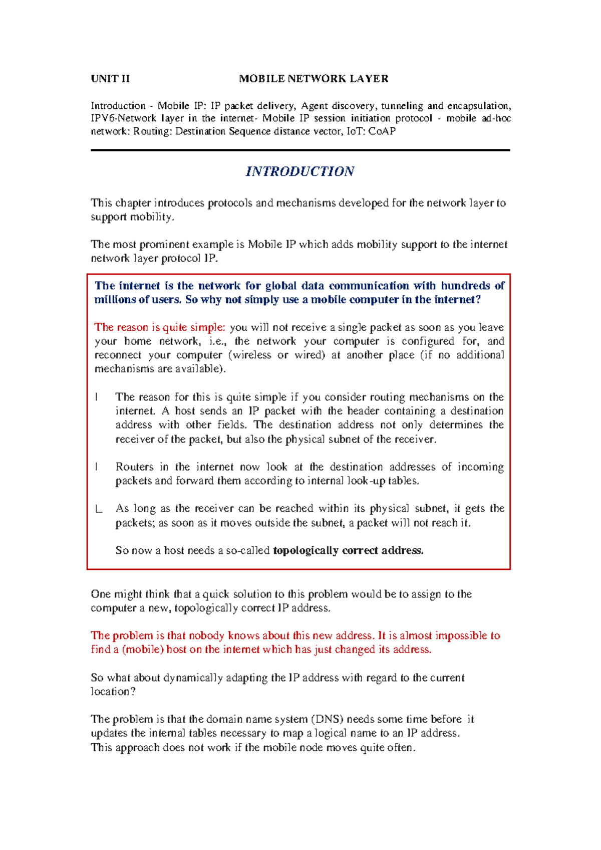 UNIT 2 - Introduction - Mobile IP: IP packet delivery, Agent discovery ...
