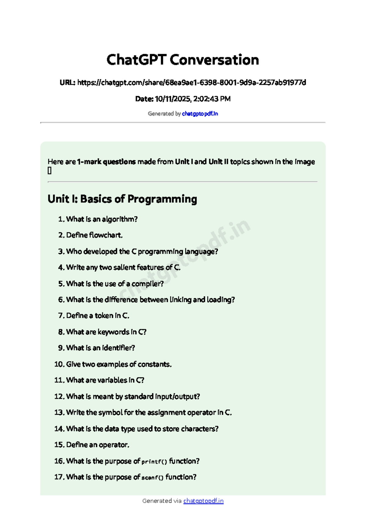 C Programming Unit I & II: Key Questions and Answers for Exams - Studocu