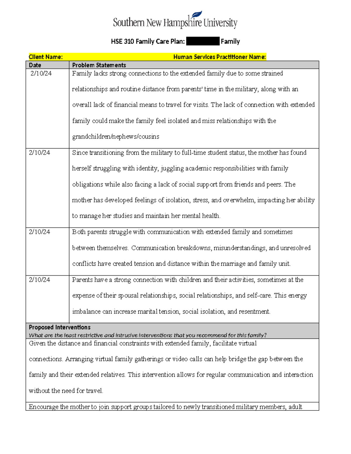 HSE-310 Family Care Plan Analysis and Interventions for the Pennington ...