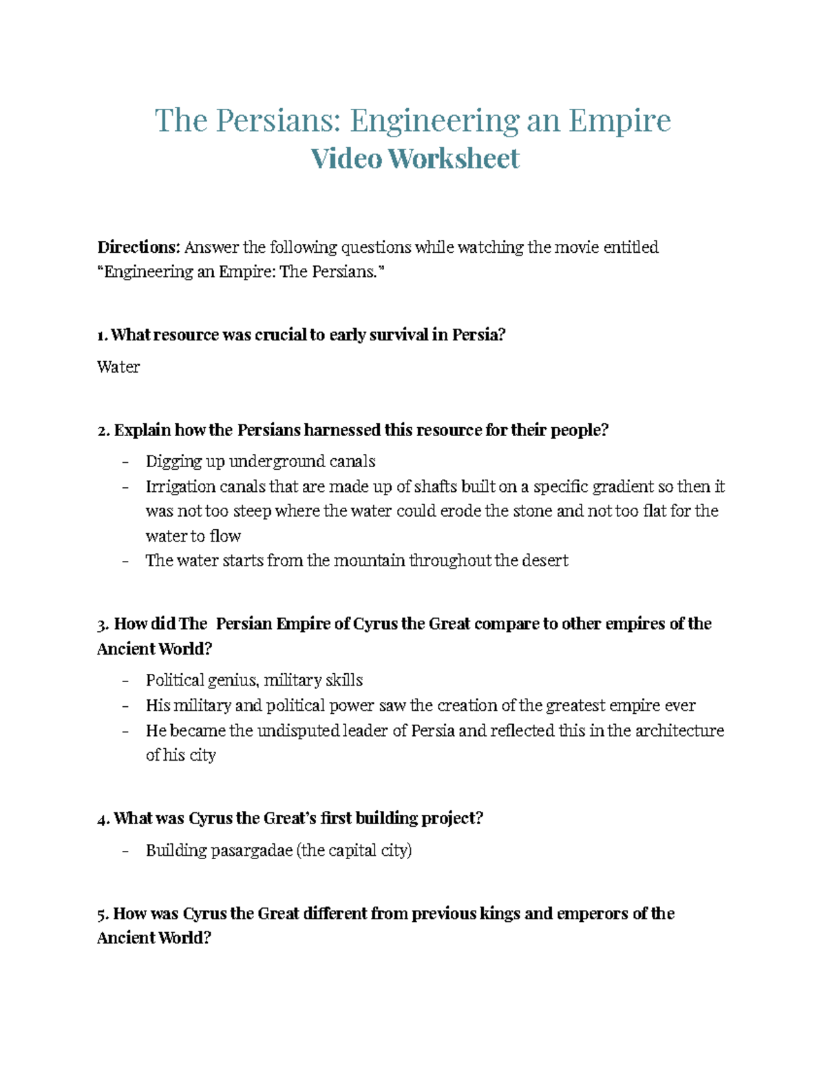 Persians Engineering an Empire Video Worksheet - Key Insights - Studocu