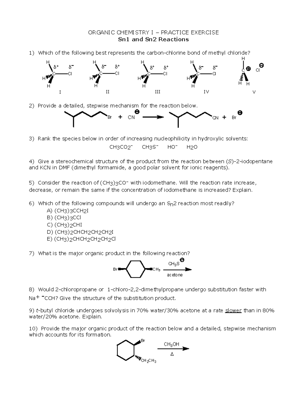 Practice sn12 - problems sn2 - ORGANIC CHEMISTRY I – PRACTICE EXERCISE ...