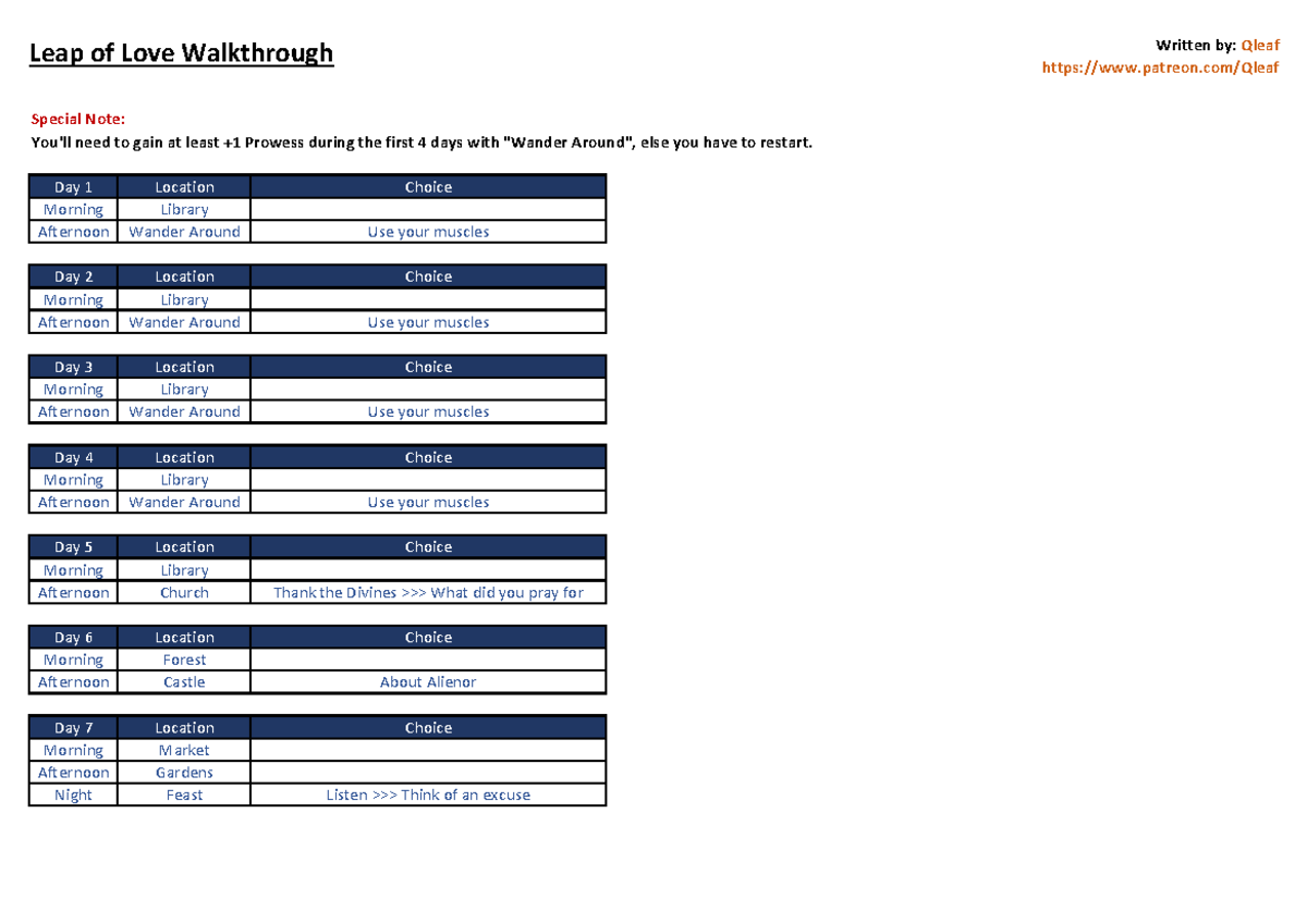 Leap of Love Walkthrough Guide - Day Choices & Strategies - Studocu