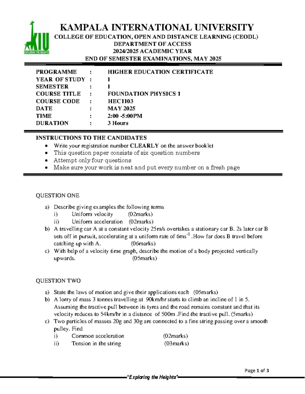 Foundation Physics 1 Exam HEC1103 - May 2025 Questions and Instructions ...
