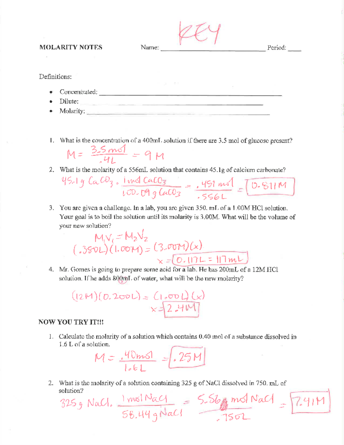 Copy of Molarity & Dilutions Practice KEY - KEY MOLARITY NOTES Name ...
