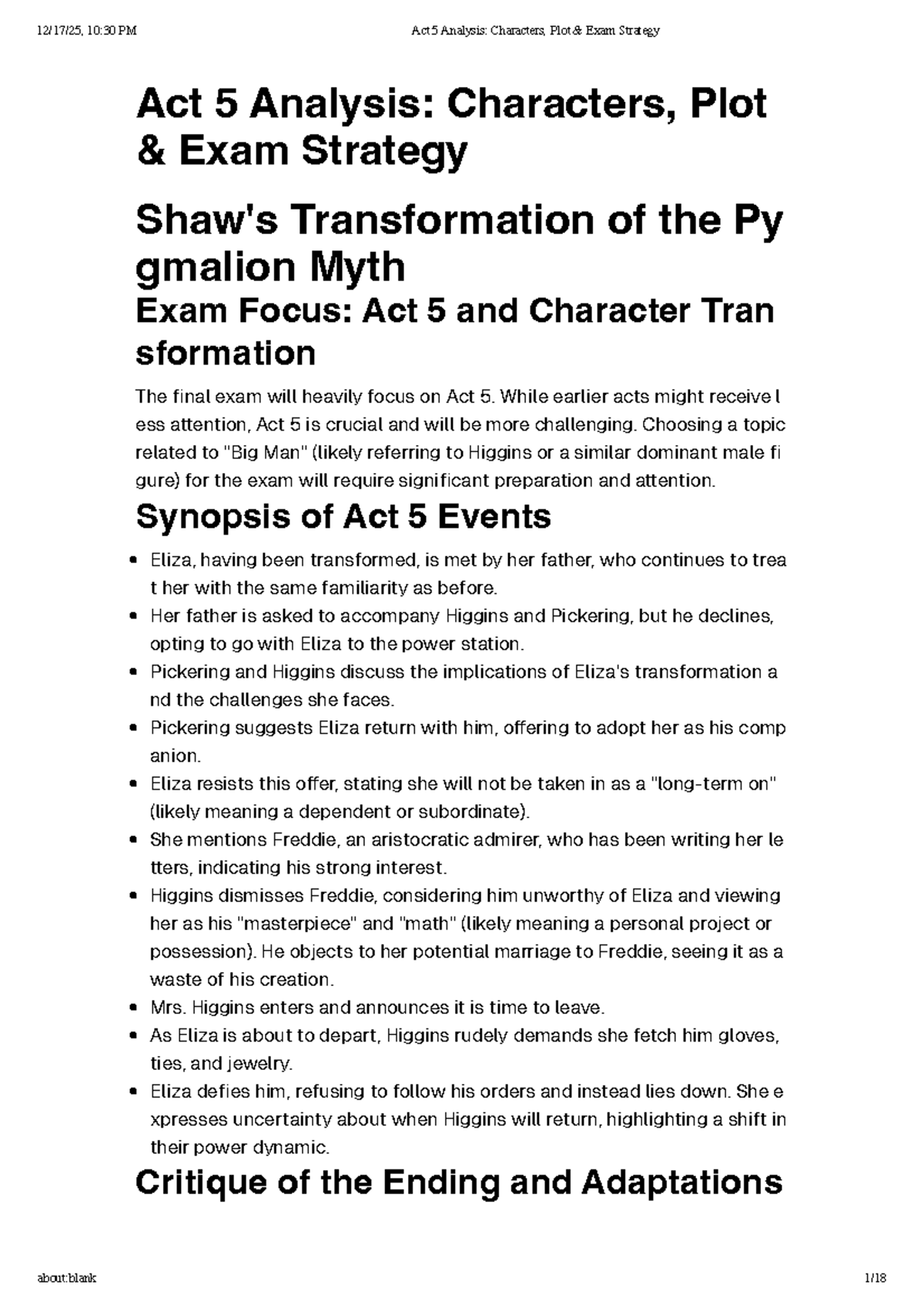 Act 5 Analysis: Characters, Plot & Exam Strategy (ENG 101) - Studocu