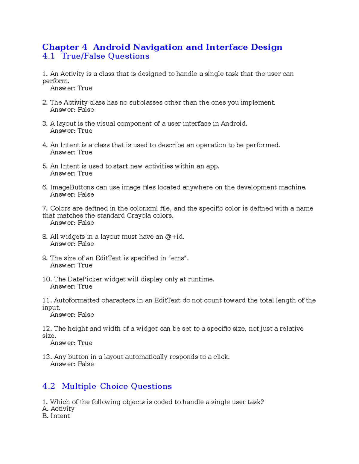 Ch 04 Question Bank - Chapter 4 Android Navigation and Interface Design ...
