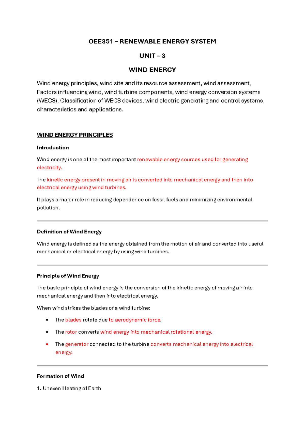 OEE351 RENEWABLE ENERGY SYSTEMS UNIT 3: WIND ENERGY PRINCIPLES ...