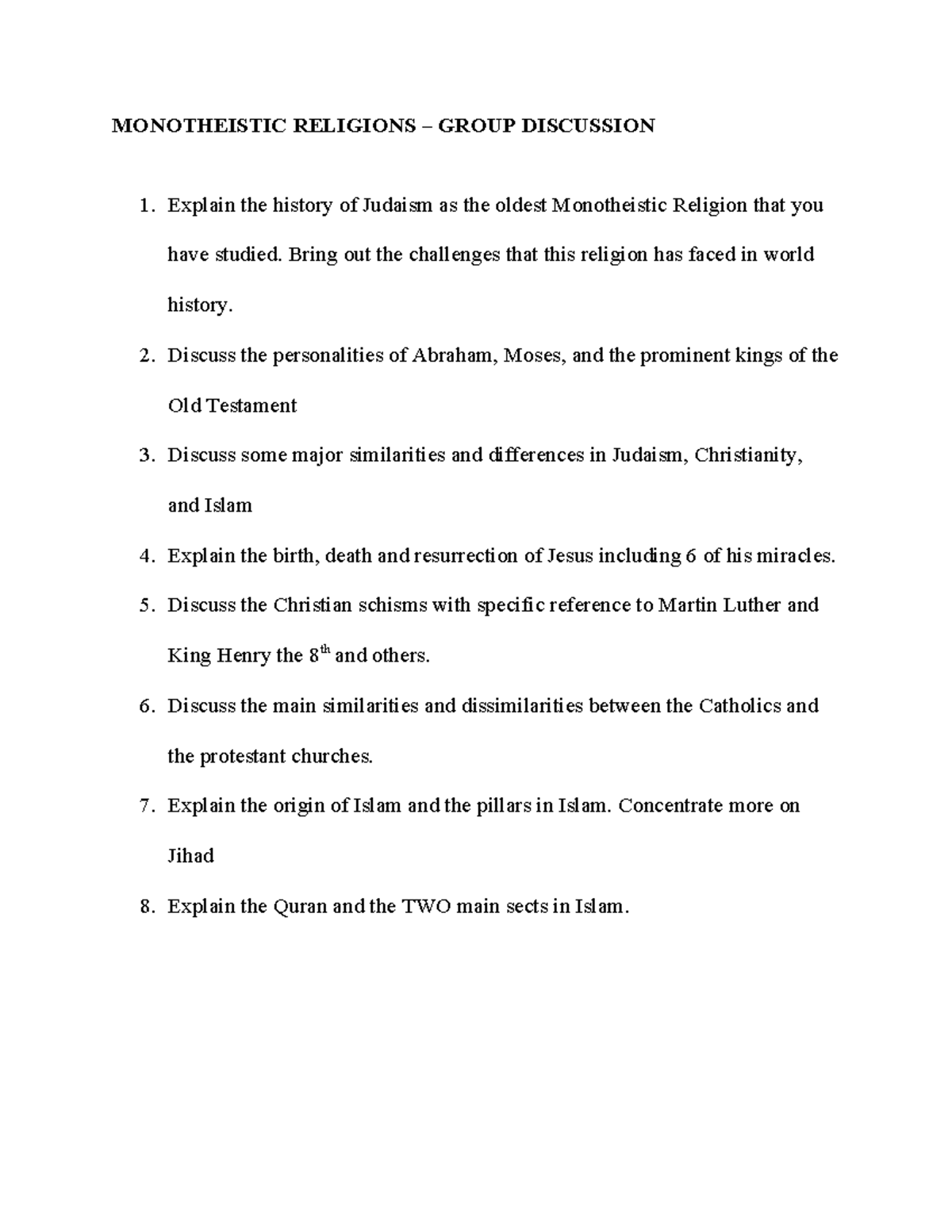 MONOTHEISTIC RELIGIONS GROUP DISCUSSION QUESTIONS - Studocu