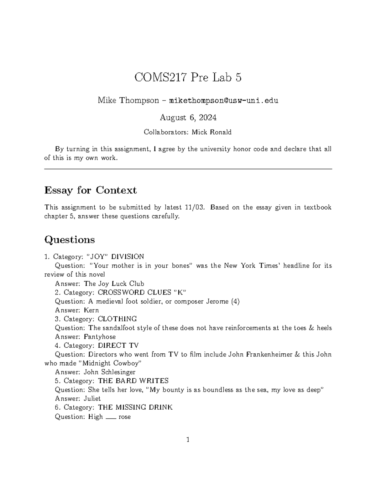 COMS217 Pre Lab 5: Essay Questions and Answers Guide - Studocu