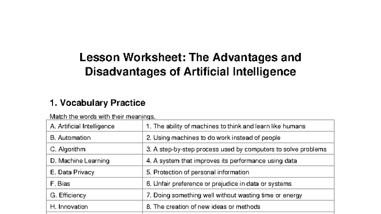AI Lesson Worksheet B2: Pros & Cons of Artificial Intelligence - Studocu