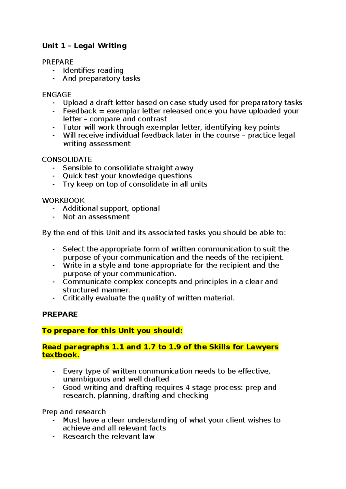 Unit 1 Legal Writing - Lecture Notes and Drafting Guidance - Studocu