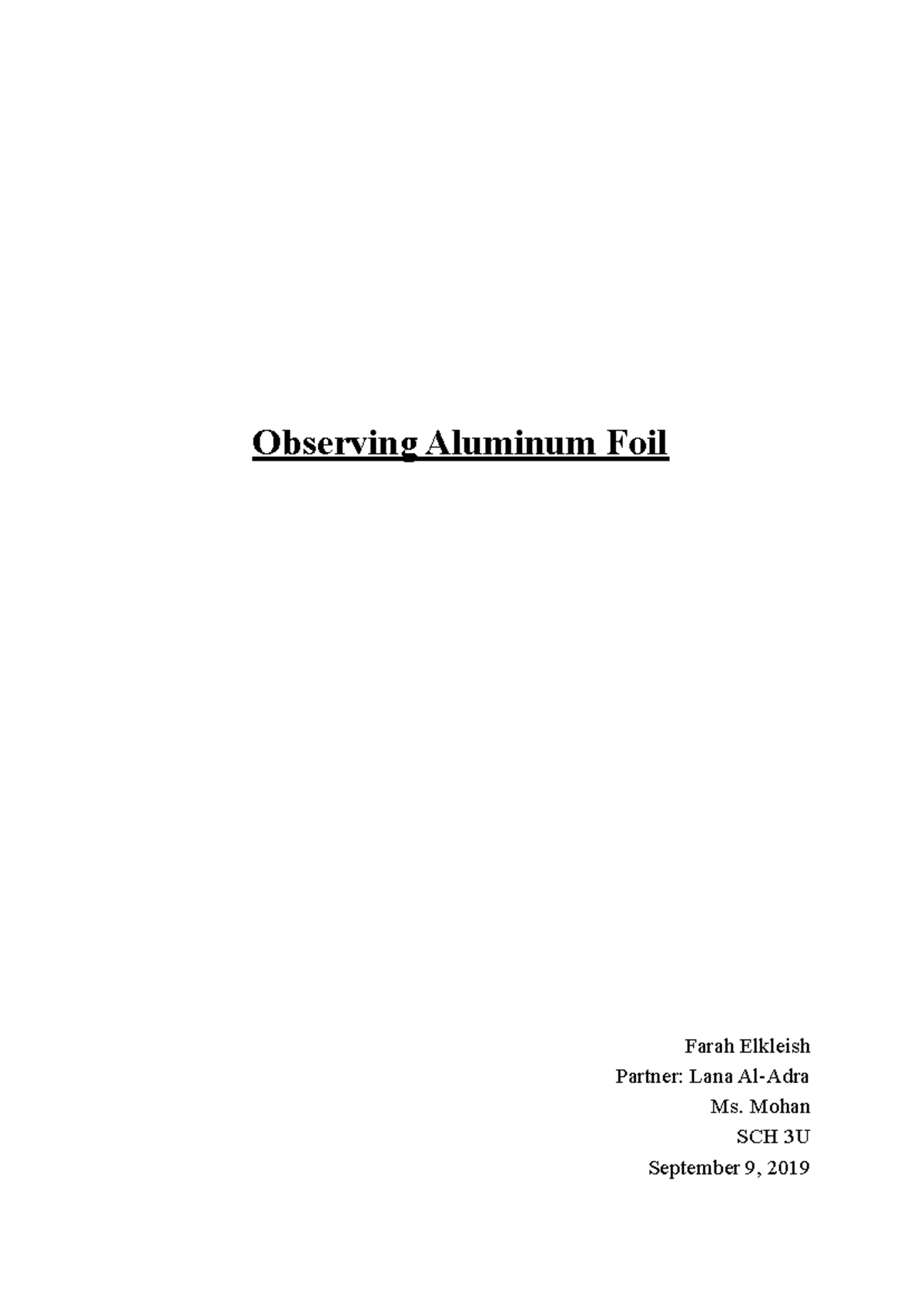 SCH 3U Chemistry Lab: Measuring Aluminum Foil Thickness - Studocu