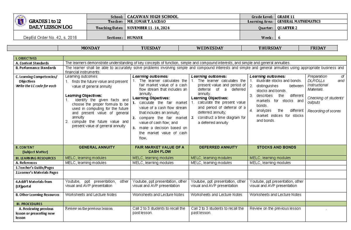 General Mathematics - GRADES 1 to 12 DAILY LESSON LOG School: CACAWAN ...