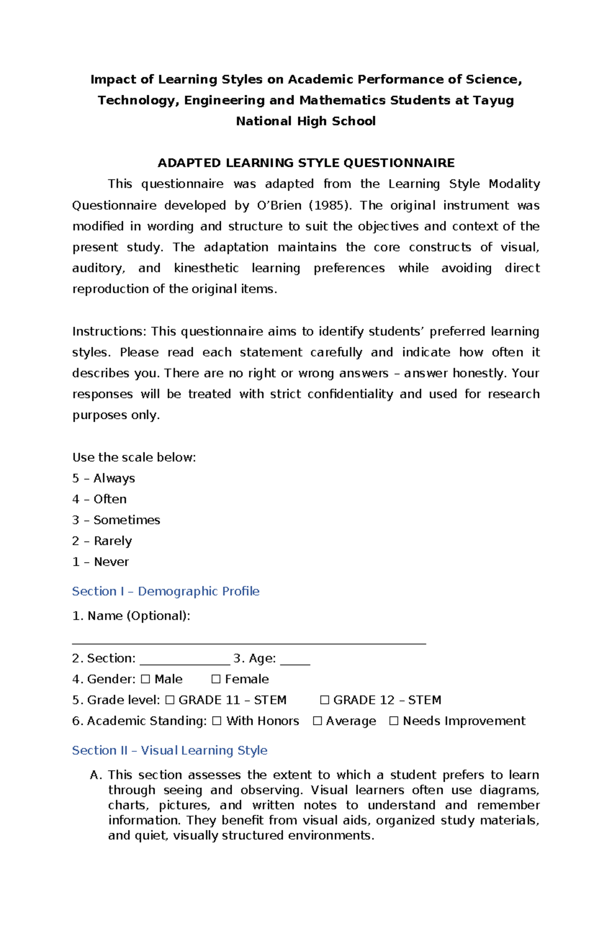 Learning Style Questionnaire for STEM Students (Grade 11 & 12) - Studocu