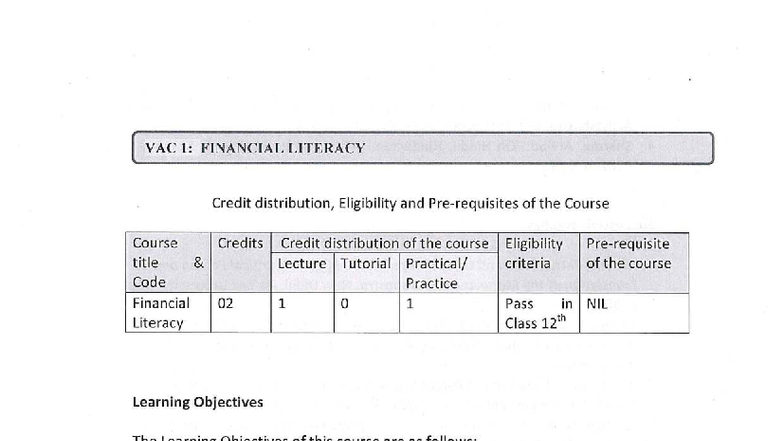 VACI: FINANCIAL LITERACY Course Syllabus and Learning Objectives - Studocu