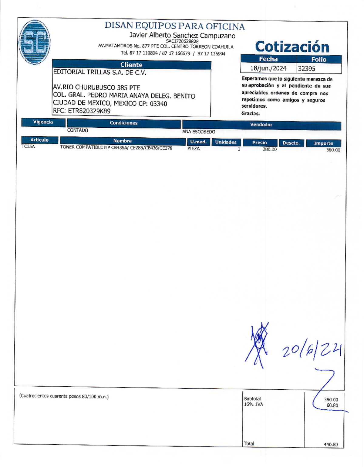 Cotización de Toner Compatible HP - DISAN Equipos, Torreón - Studocu