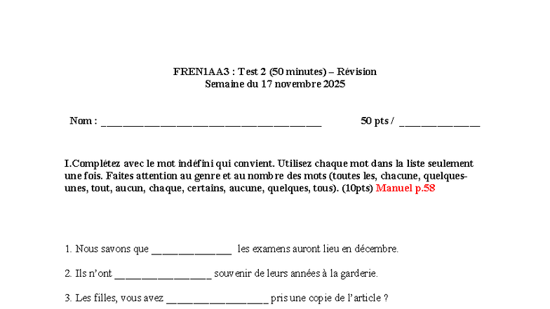 FREN1AA3 : Test 2 Révision - Questions Pratiques - Studocu