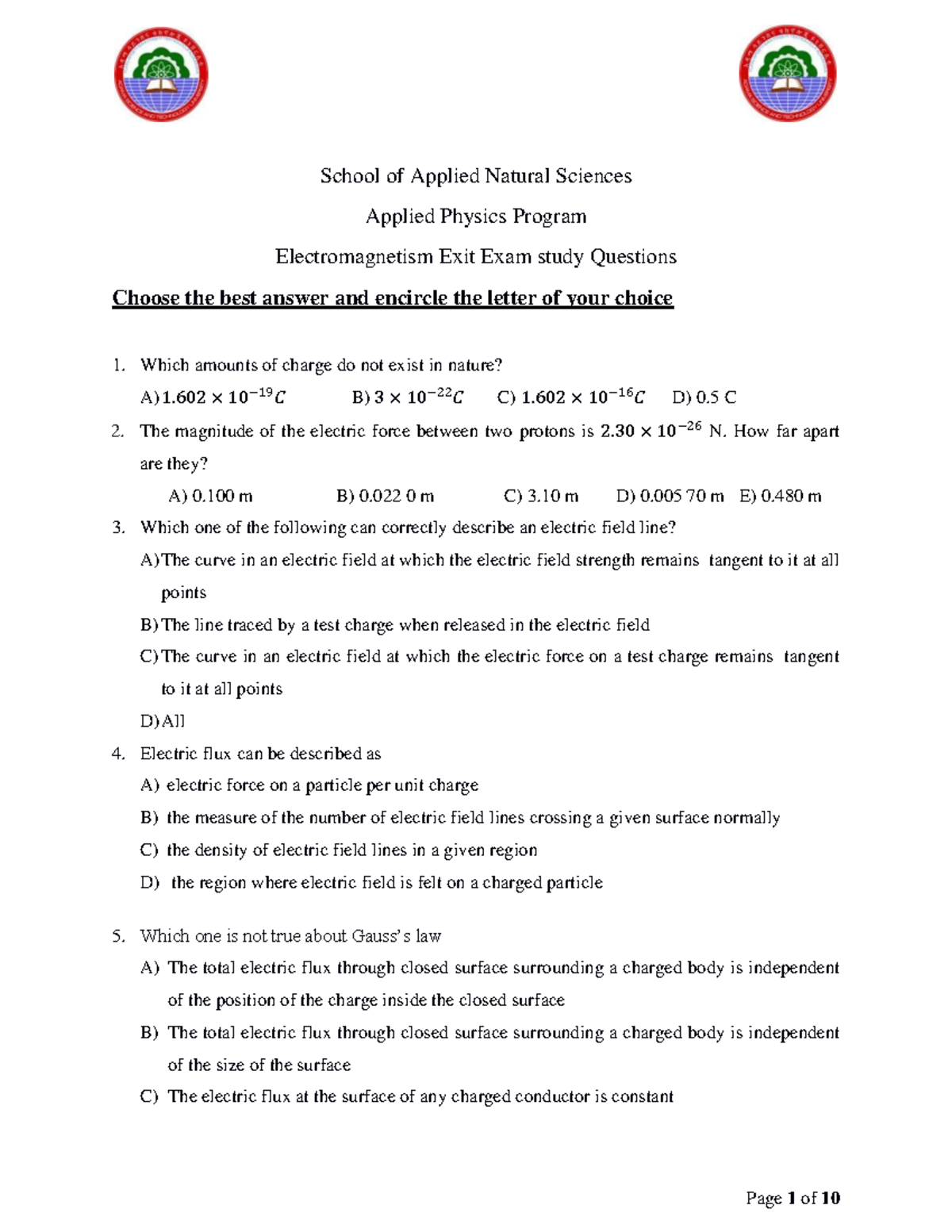 Electromagnetism 2 Exit Exam Study Questions 2023-1 - Studocu