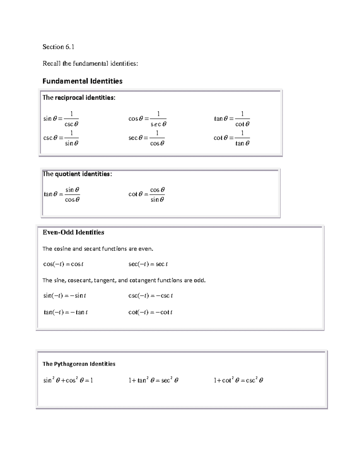 Trigonometry Lecture Notes - Section 6: Fundamental Identities - Studocu