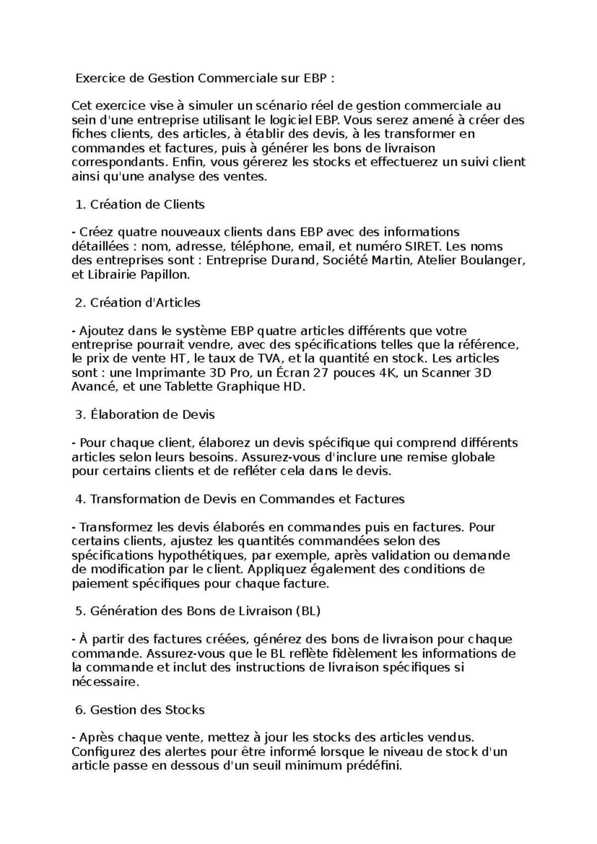 Exercice de Gestion Commerciale avec EBP: Scénario Pratique - Studocu