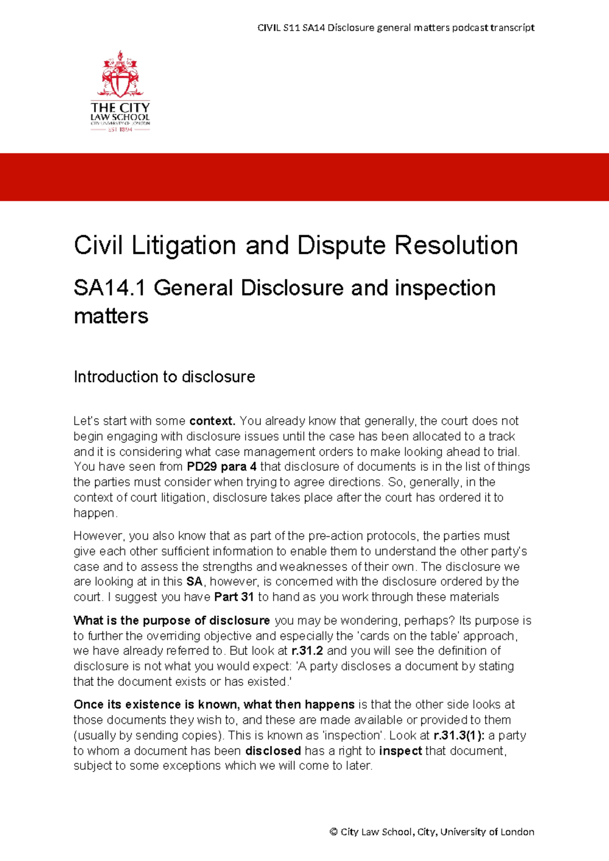 CIVIL S11 SA14 General Disclosure & Inspection Matters Overview - Studocu