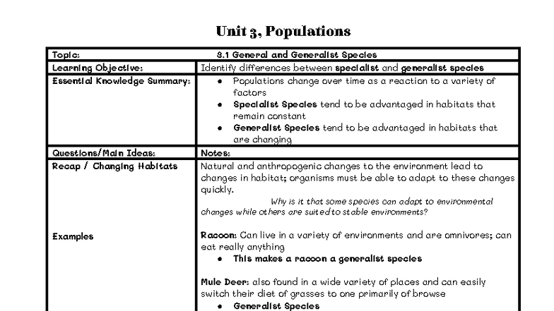 Cornell Notes: Unit 3 - Populations and Species Dynamics - Studocu