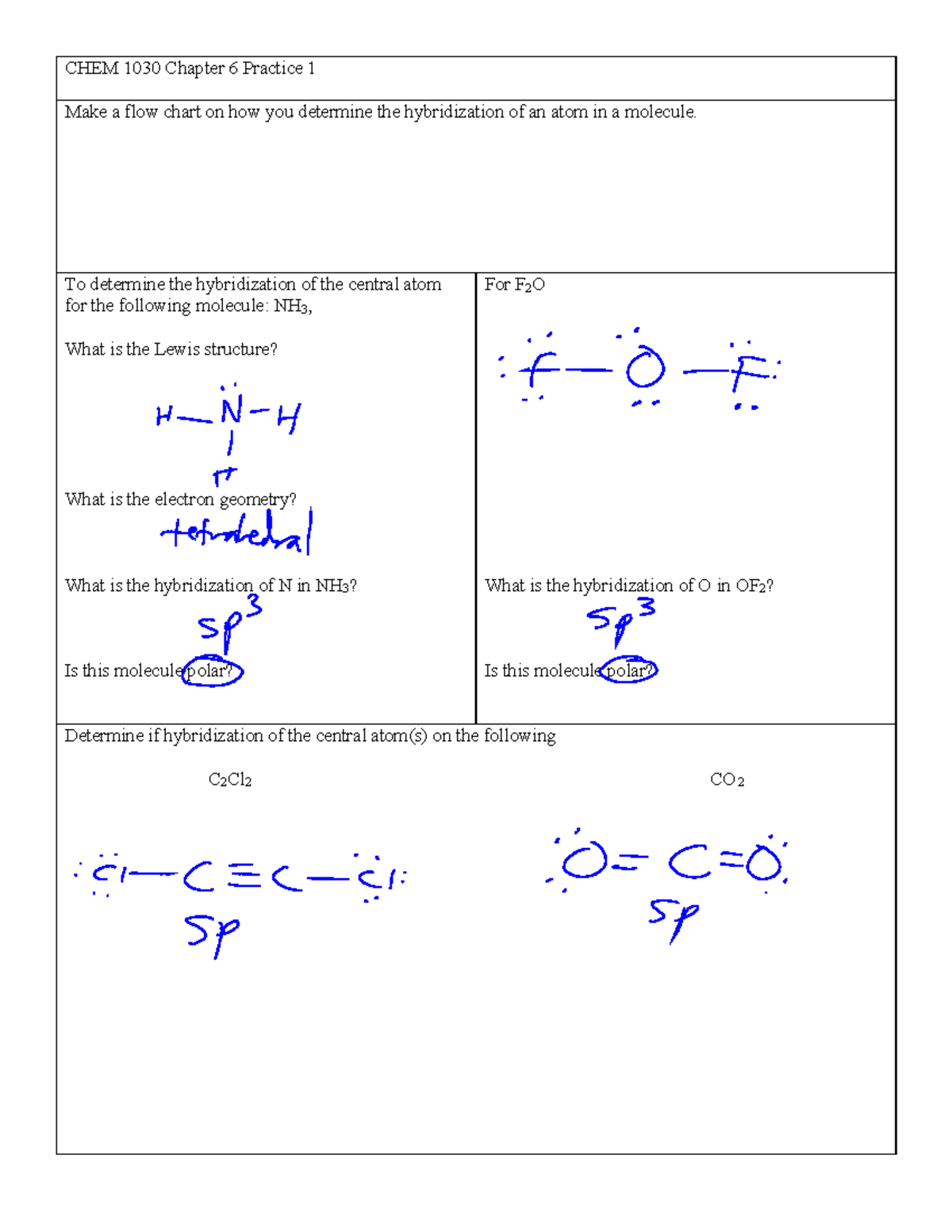 CHEM 1030 Ch6 Hybridization Practice Key - Dr. David Crisostomo - Studocu