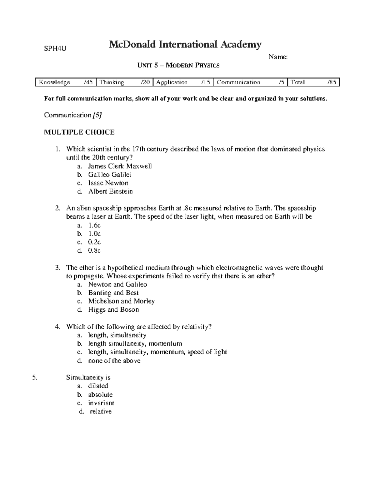 SPH4U Unit 5 Modern Physics Test Review and Practice Questions - Studocu