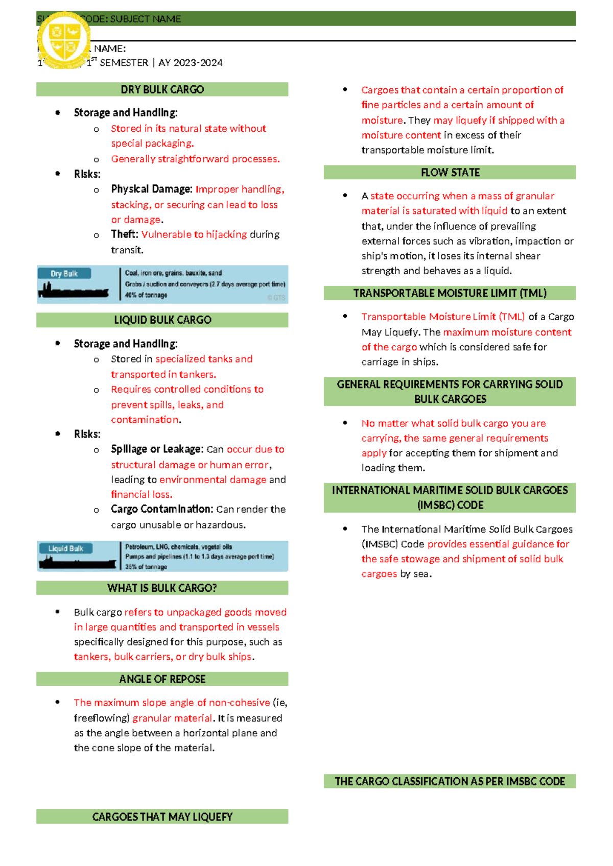 SUBJECT CODE: SUBJECT NAME PRELIMS - DRY BULK CARGO Storage & Handling ...