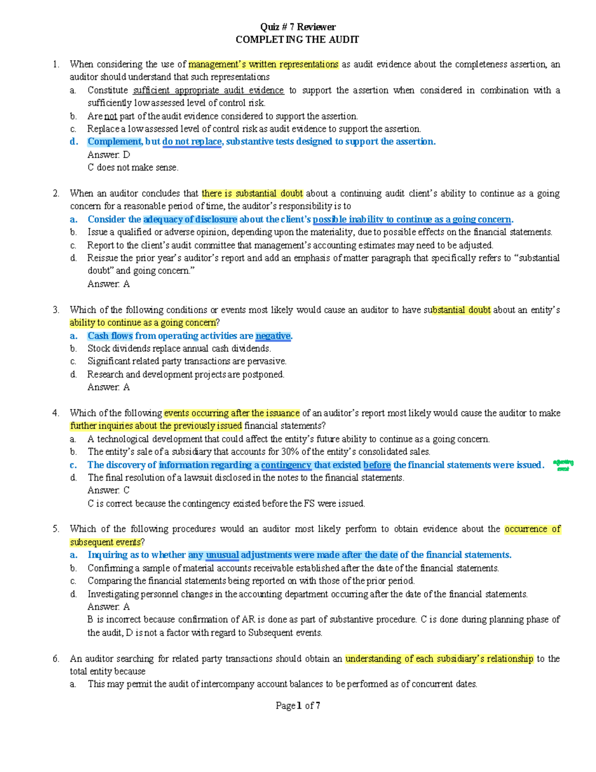 Completing the Audit - Reviewer 7 Quiz Study Notes (ACC 101) - Studocu