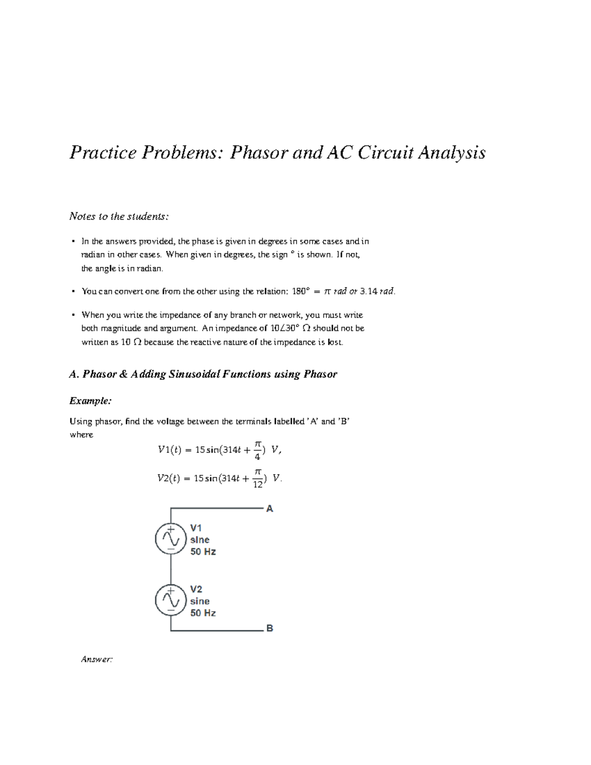 EE2111A AC Circuit Practice Problems and Phasor Analysis - Studocu