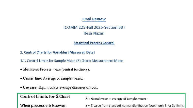 Final Exam Review (COMM BB): Statistical Process Control Insights - Studocu