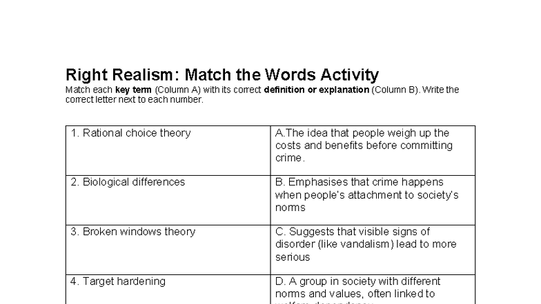 Right Realism: Key Terms & Definitions Activity - Studocu