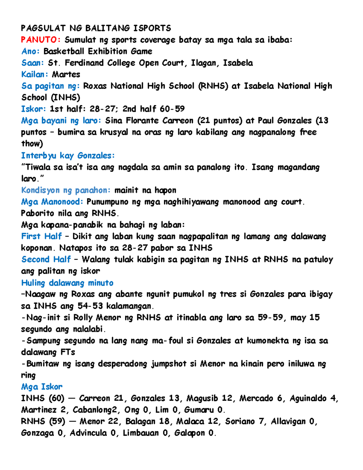 Pagsulat ng Balitang Sports: Basketball Exhibition Game Coverage - Studocu