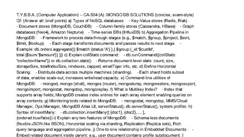 T.Y.B.B.A. (CA) MongoDB Solutions: Key Concepts & Commands - Studocu