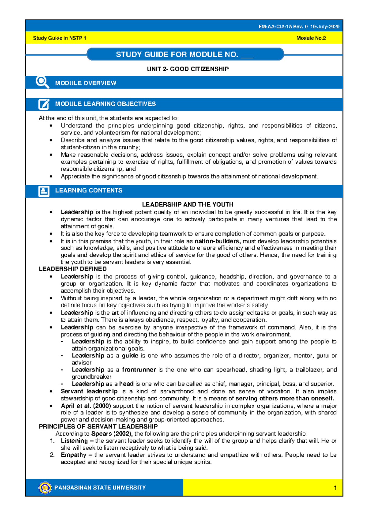 NSTP 1 Module 2 Study Guide: Leadership and Good Citizenship - Studocu