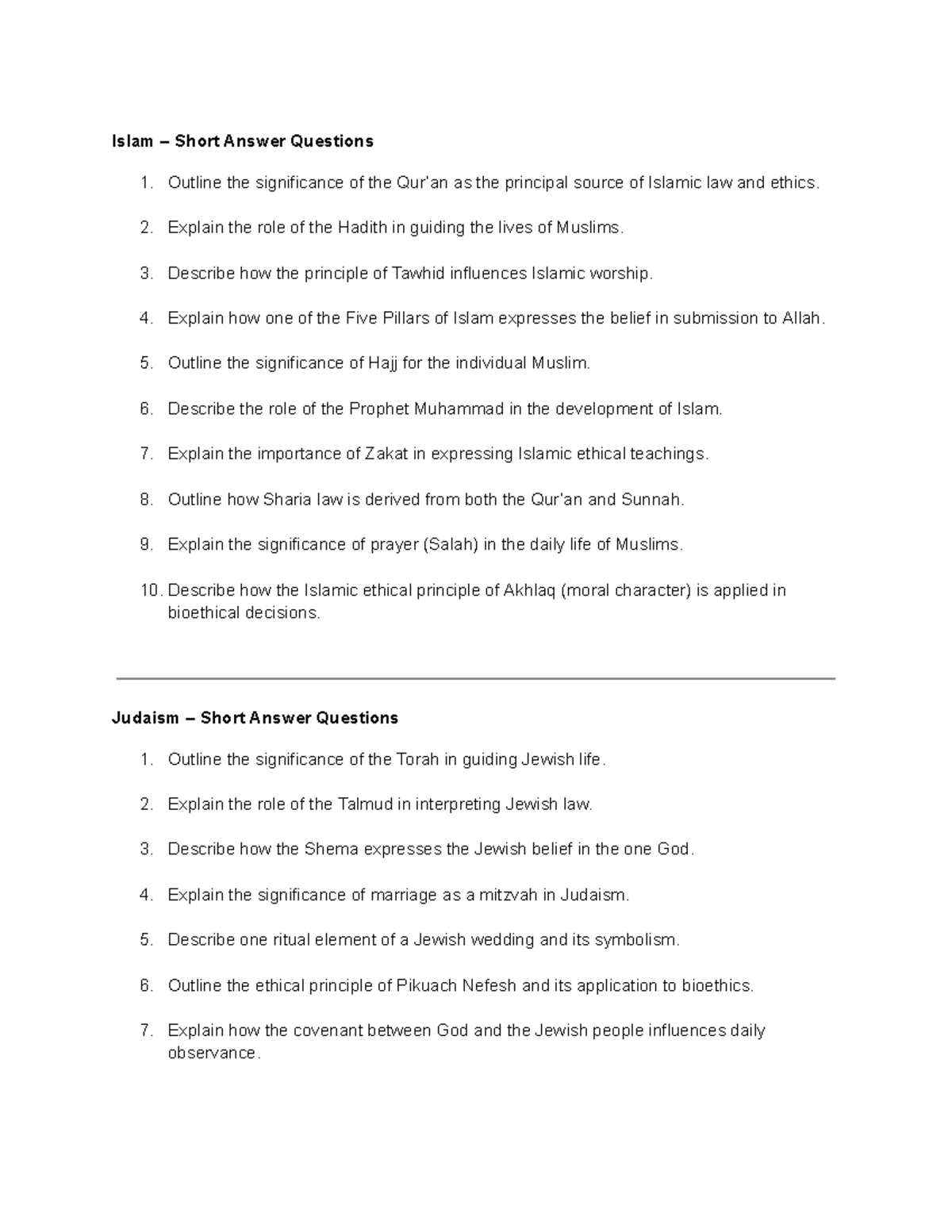 HSC Islam & Judaism Short Answer Questions Practice Guide - Studocu