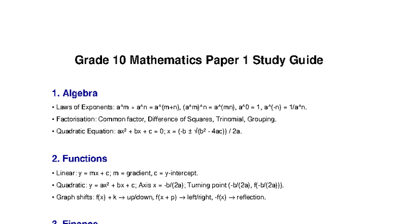 Grade 10 Maths Paper 1 Study Guide: Algebra, Functions, Finance ...