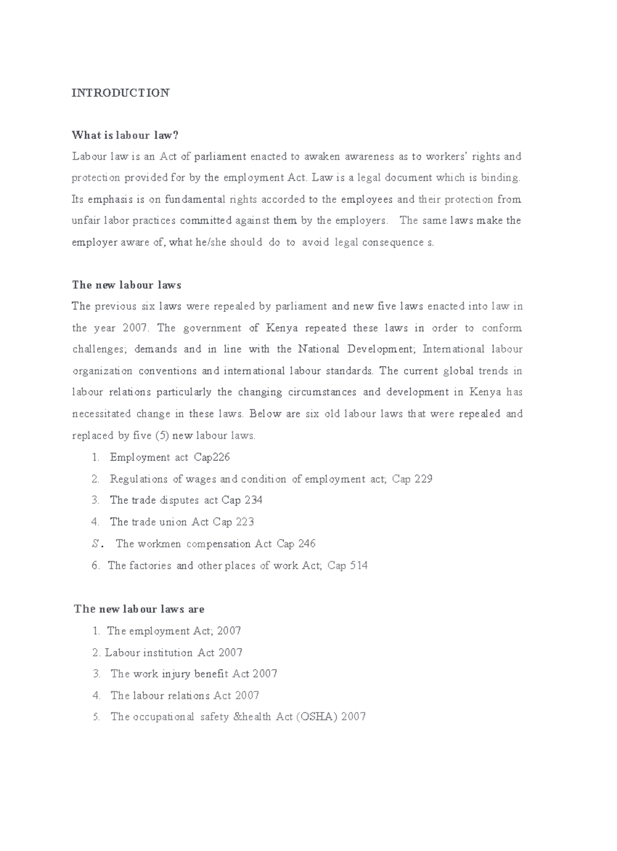 Labour LAW PUEA - Well precised notes - INTRODUCTION What is labour law ...