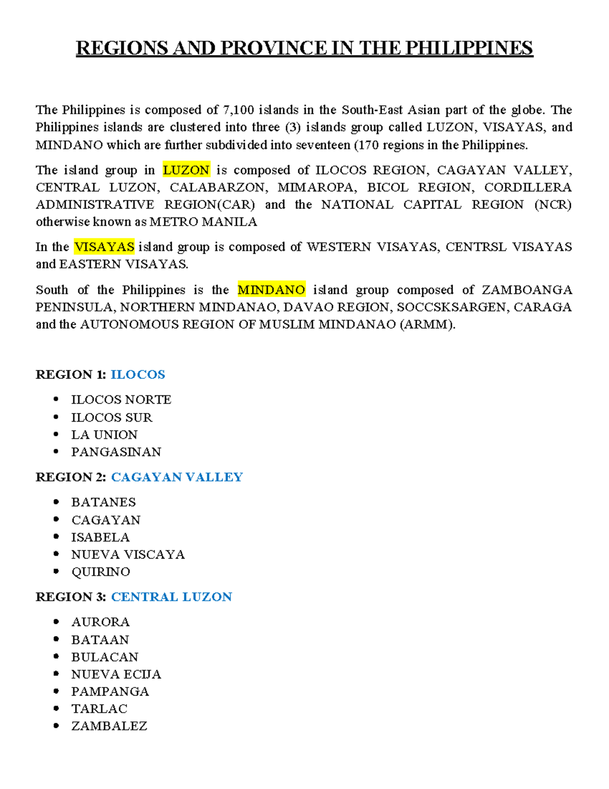 Overview of Regions and Provinces in the Philippines (Geography) - Studocu