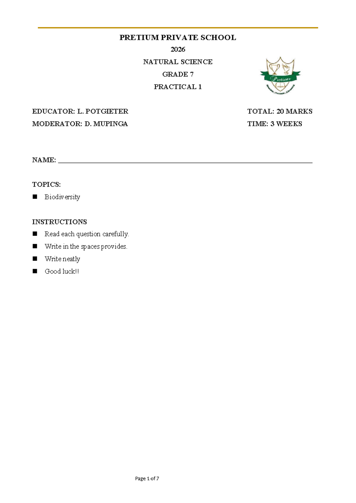 Grade 7 Natural Science Investigation 1: Requirements for Plant Life ...