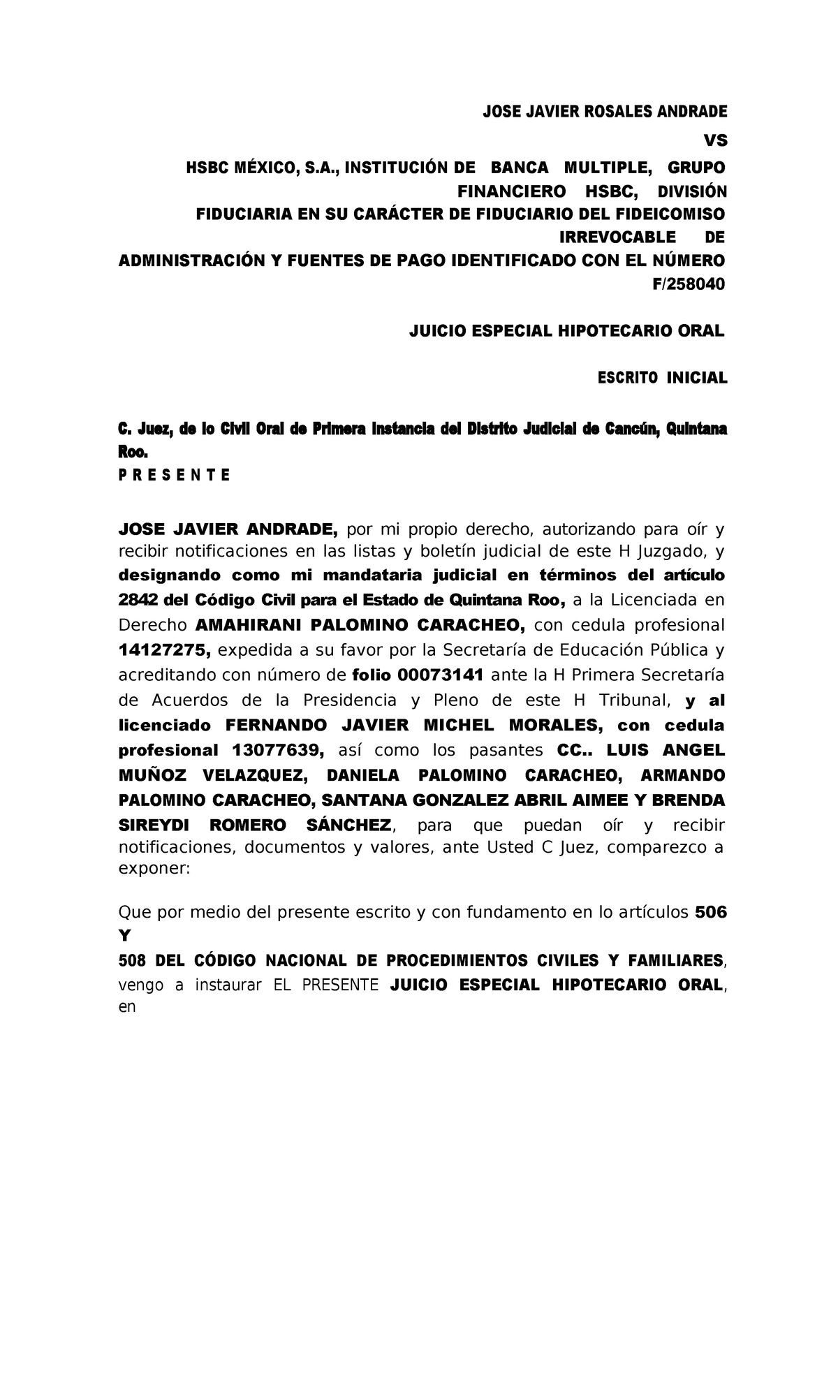 JUICIO CIVIL HIPOTECARIO: JOSE JAVIER ROSALES VS HSBC MÉXICO - Studocu