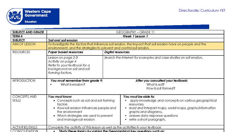 Geography G11 Term 4 Week 1: Soil Erosion Lesson Plan - Studocu
