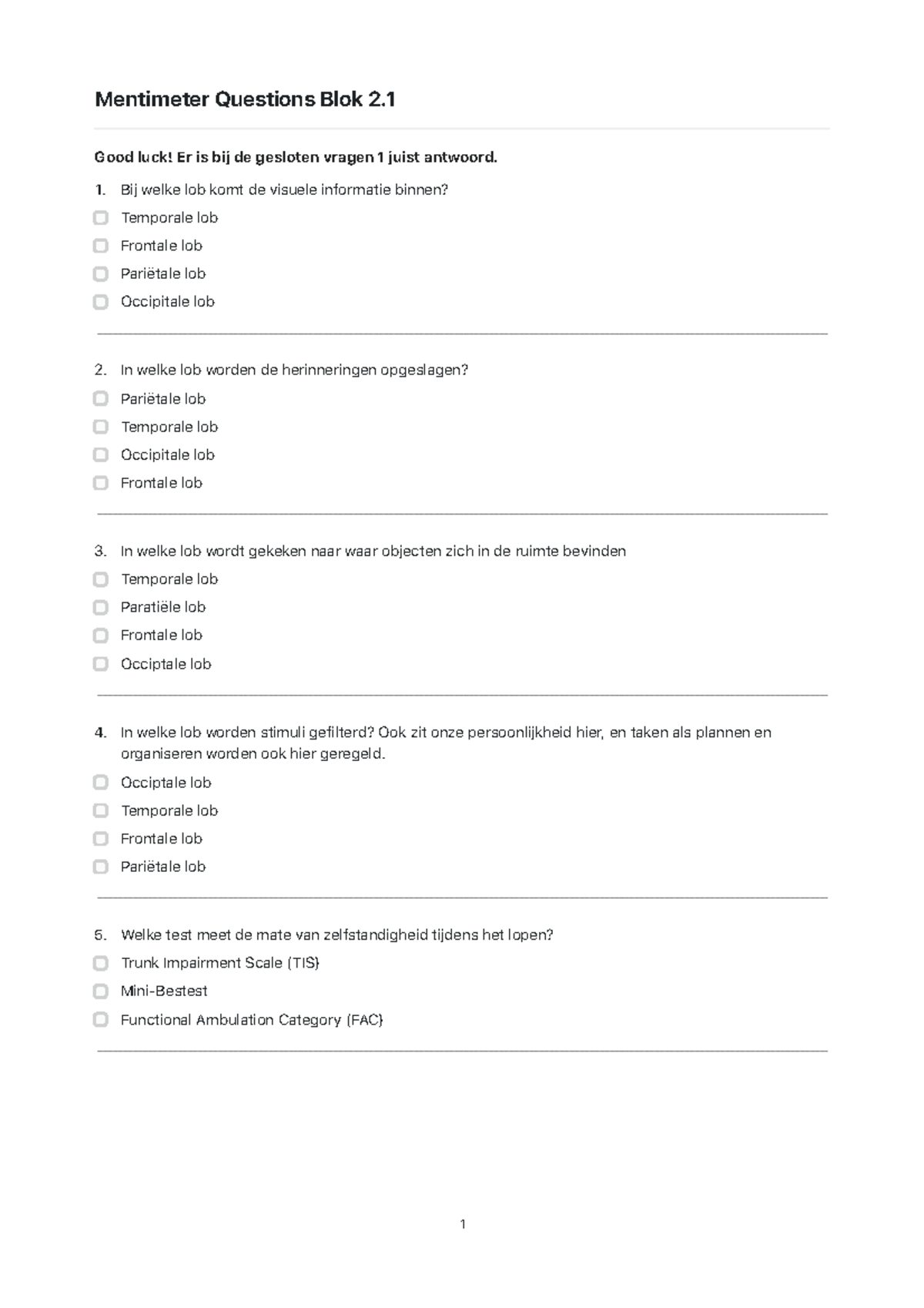 Mentimeter Questions Blok 2: Neuropsychology & Stroke Assessment ...
